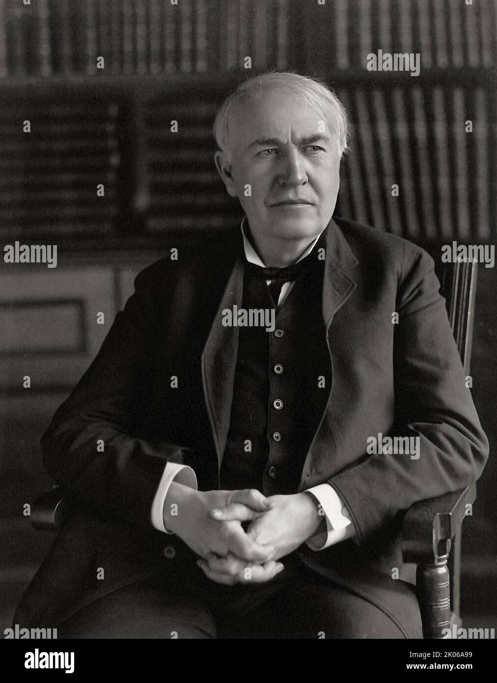 Portrait of Thomas Edison seated and hands clasped in Building 5 ...