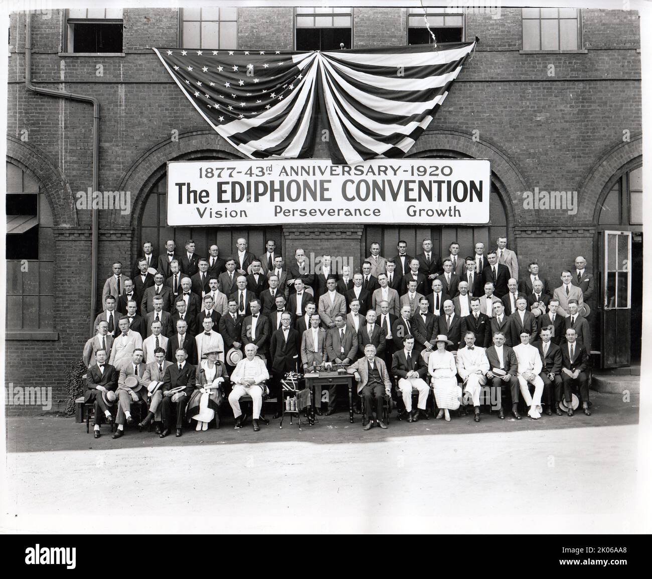 Thomas Edison at convention of Ediphone dealers. Mina Edison seated to ...