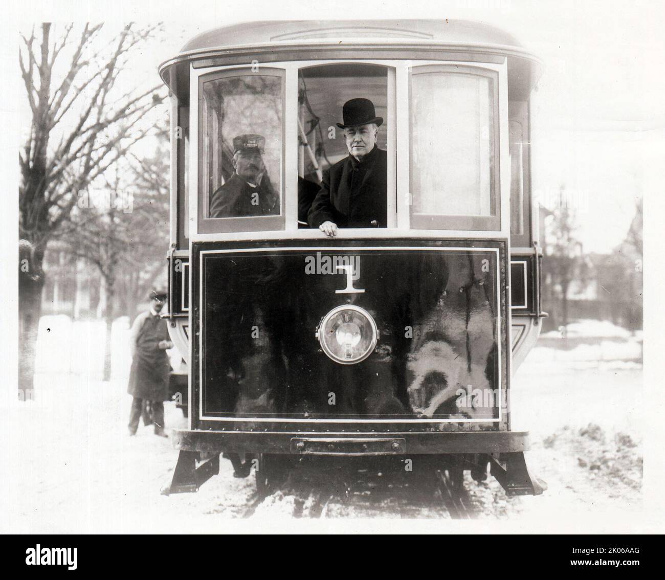 Thomas Edison riding trolley car powered by Edison Storage Battery 1913 ...