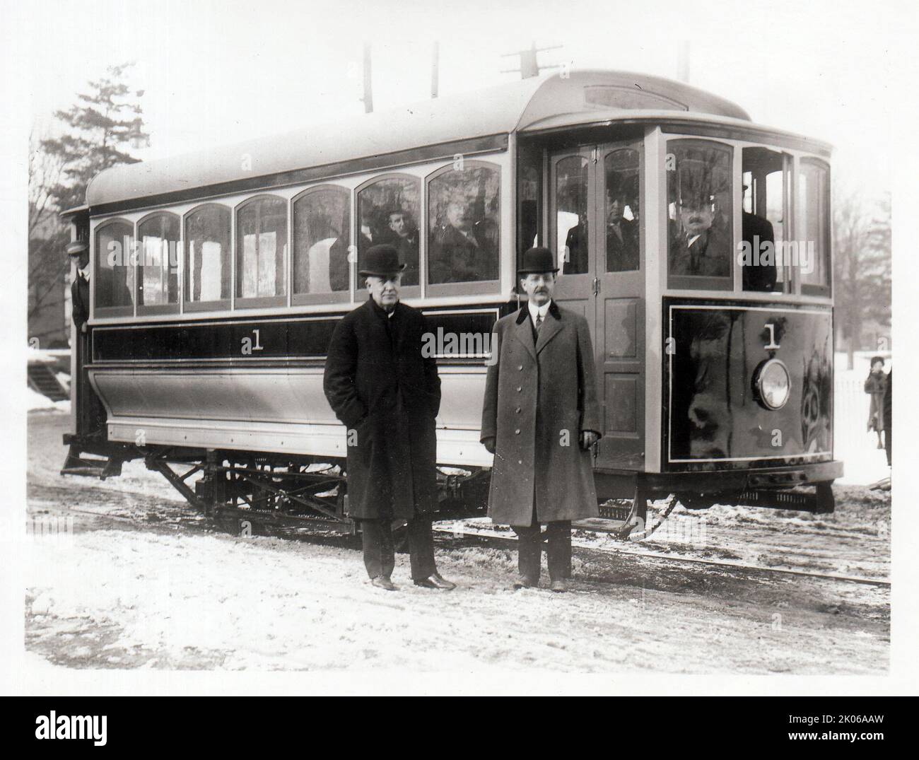 Thomas Edison with trolley car powered by Edison Storage Batteries ...