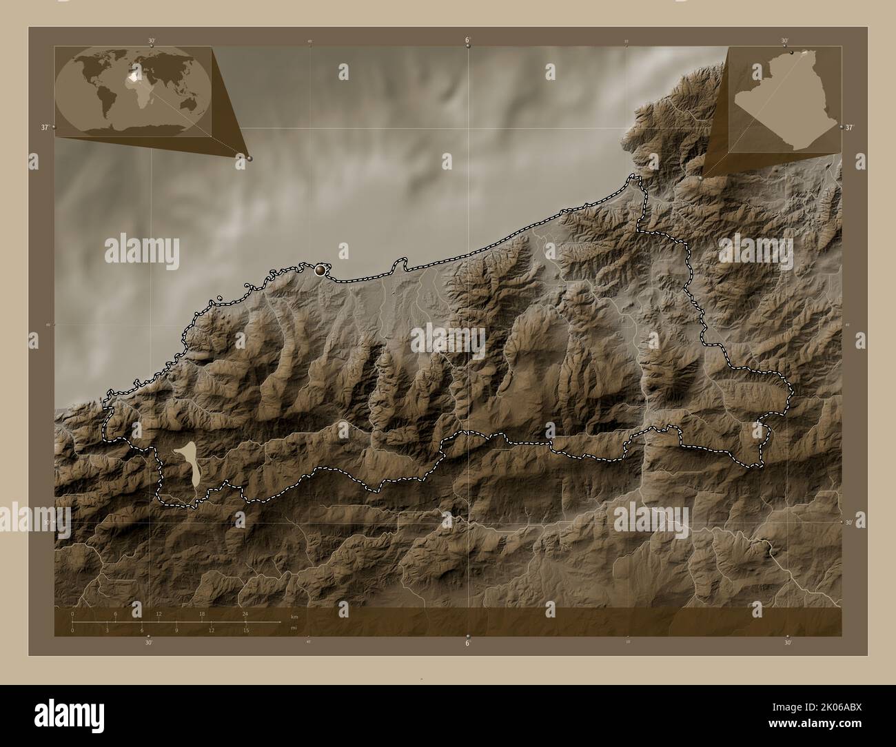 Jijel, province of Algeria. Elevation map colored in sepia tones with ...