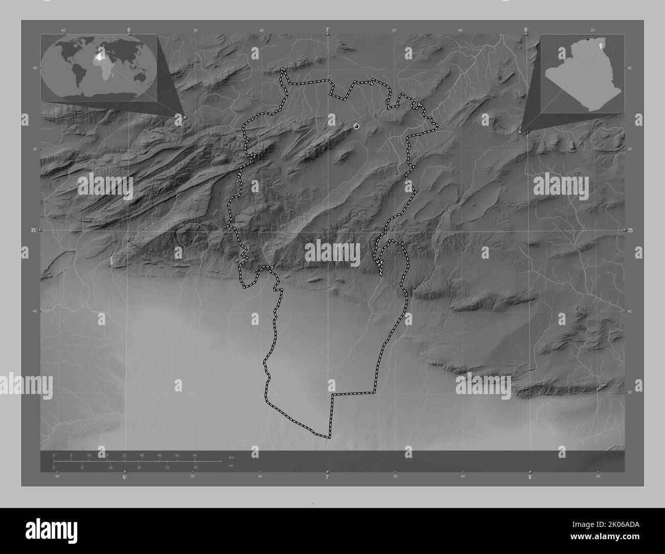 Khenchela, province of Algeria. Grayscale elevation map with lakes and rivers. Corner auxiliary ...