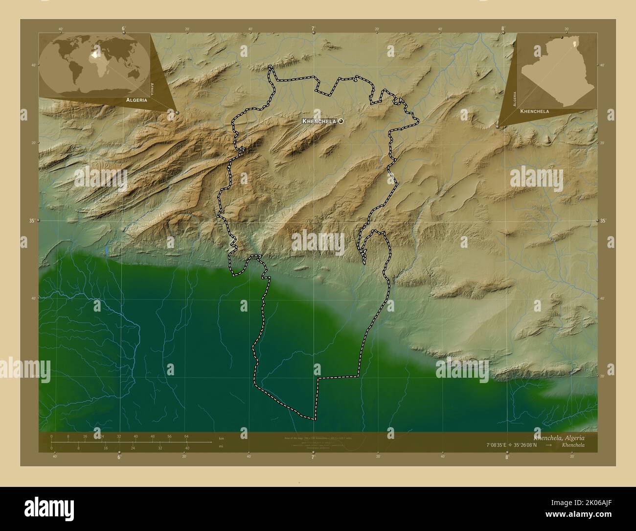 Khenchela, province of Algeria. Colored elevation map with lakes and ...