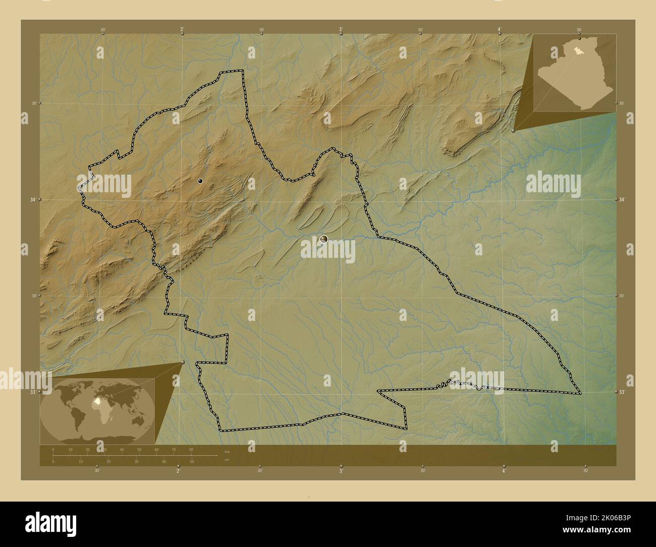 Laghouat, province of Algeria. Colored elevation map with lakes and ...