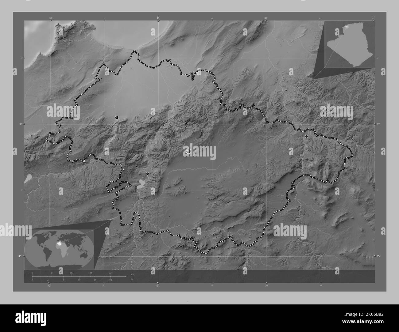 Mascara, province of Algeria. Grayscale elevation map with lakes and ...