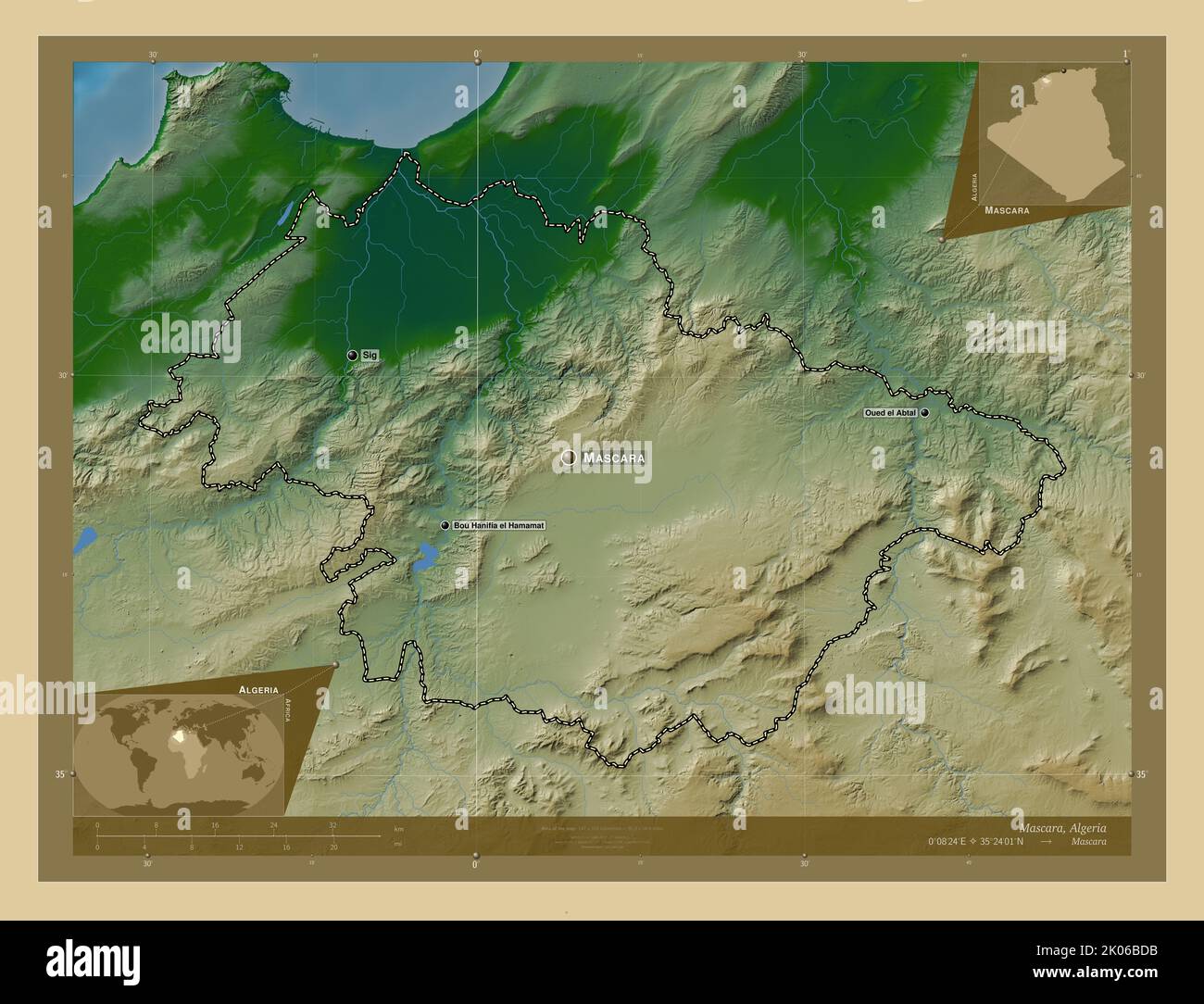 Mascara, province of Algeria. Colored elevation map with lakes and ...