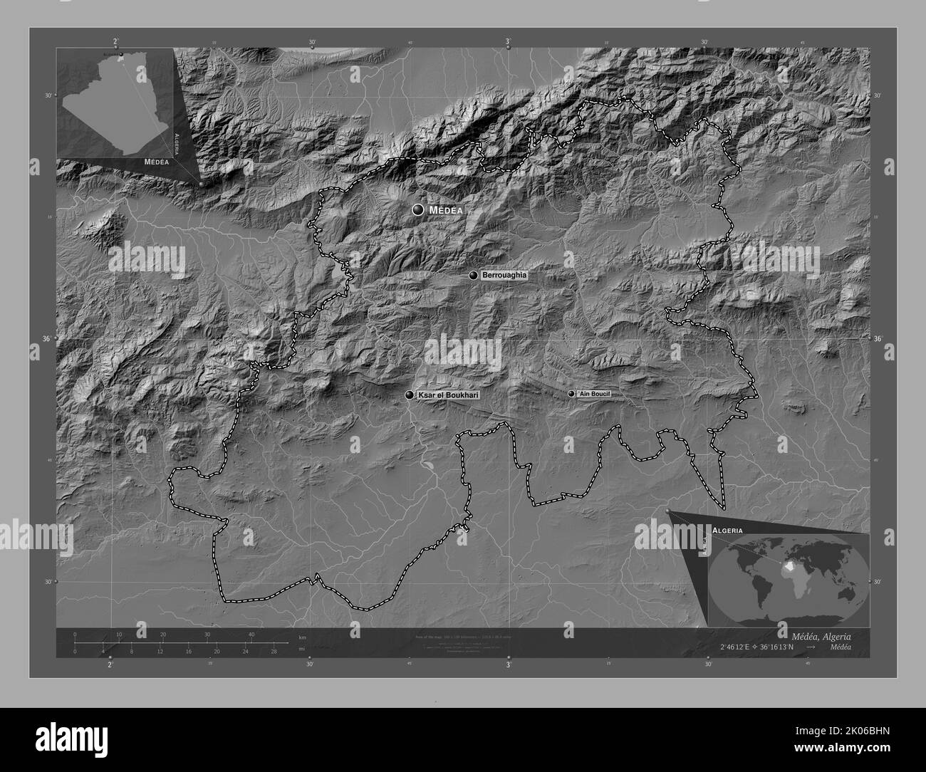 Medea, province of Algeria. Bilevel elevation map with lakes and rivers ...