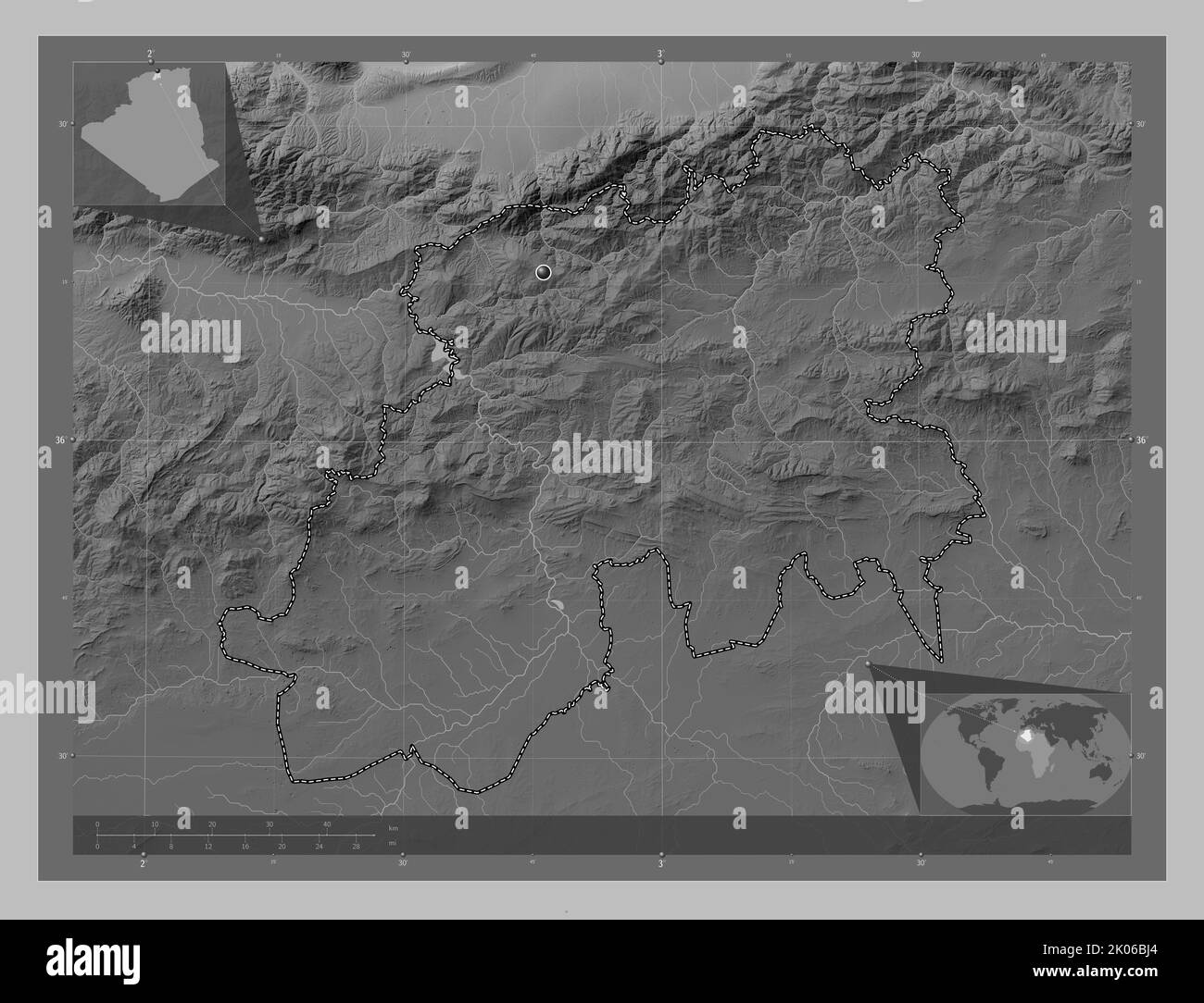 Medea, province of Algeria. Grayscale elevation map with lakes and ...