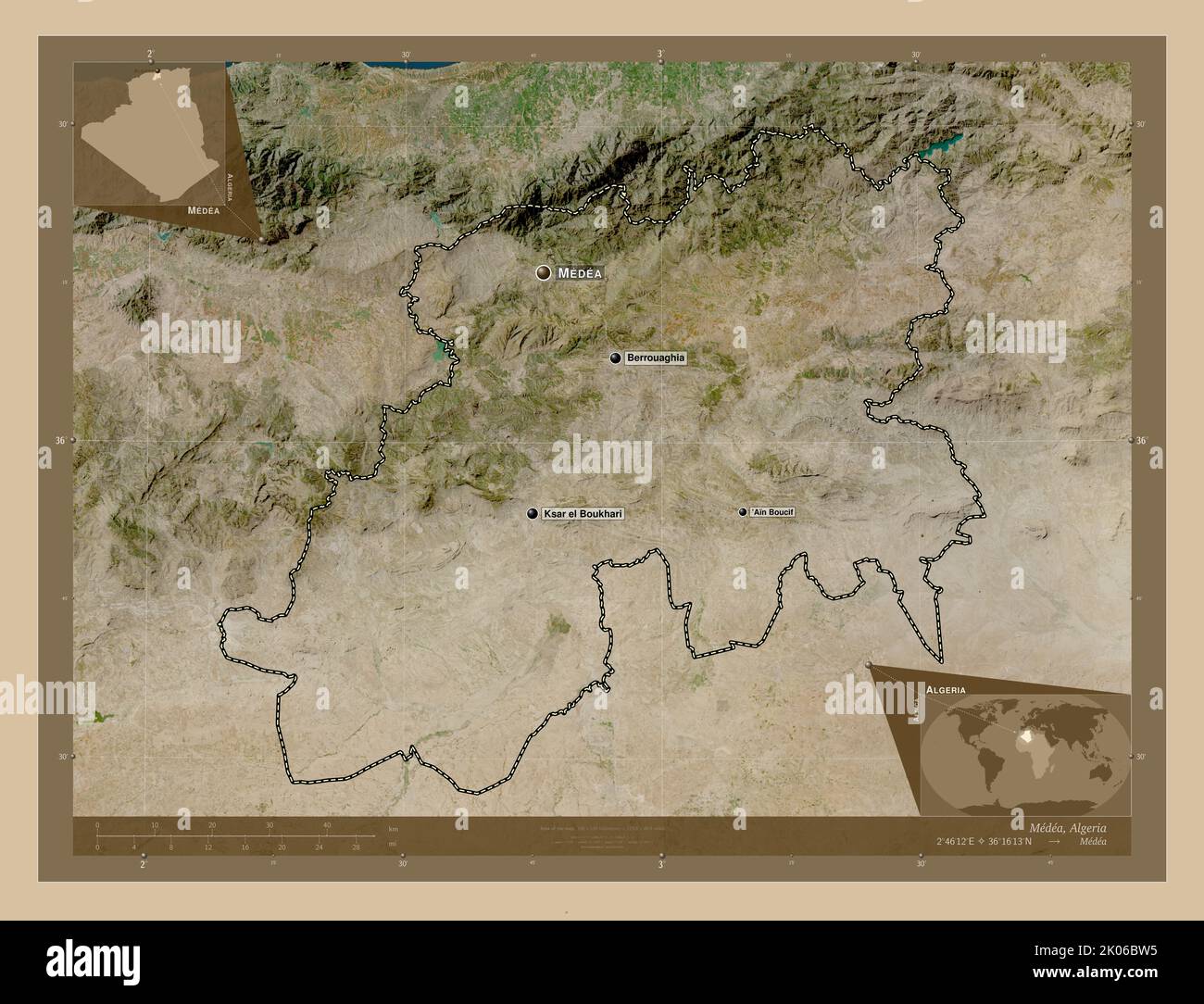Medea, province of Algeria. Low resolution satellite map. Locations and ...