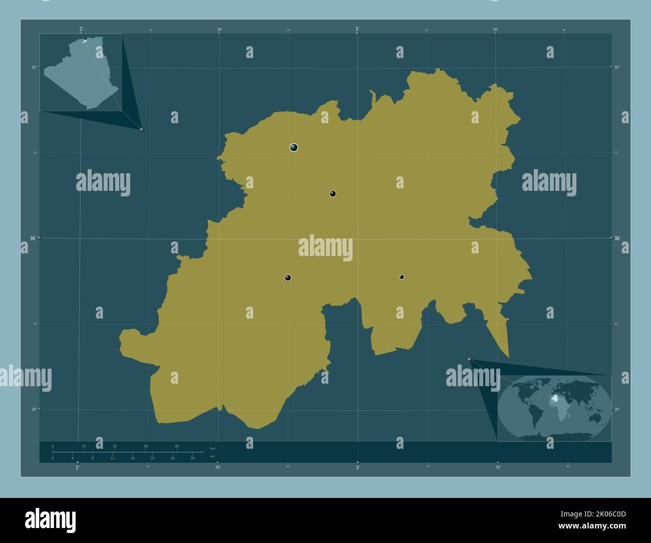Medea, province of Algeria. Solid color shape. Locations of major ...