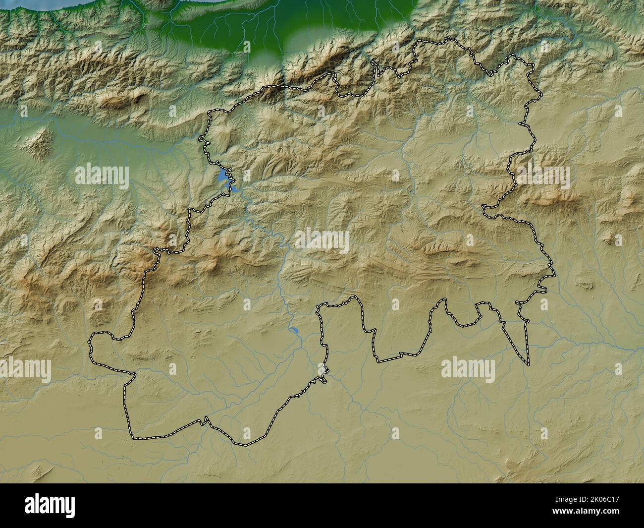 Medea, province of Algeria. Colored elevation map with lakes and rivers ...