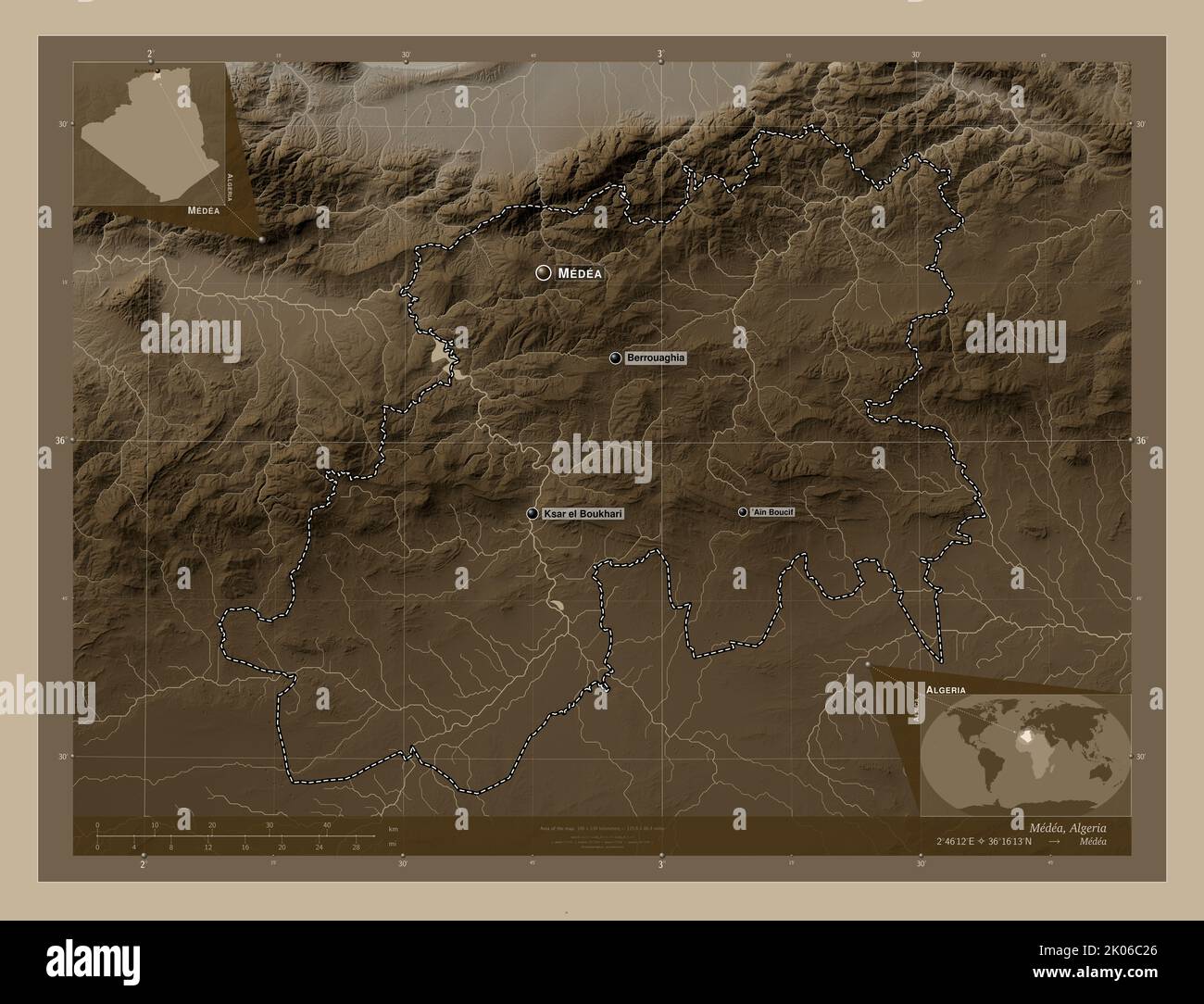 Medea, province of Algeria. Elevation map colored in sepia tones with ...