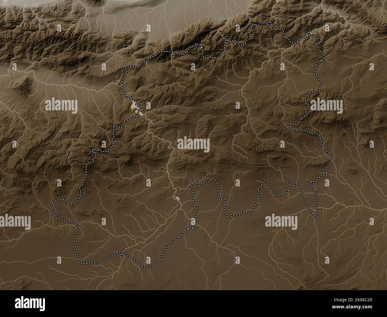 Medea, province of Algeria. Elevation map colored in sepia tones with ...