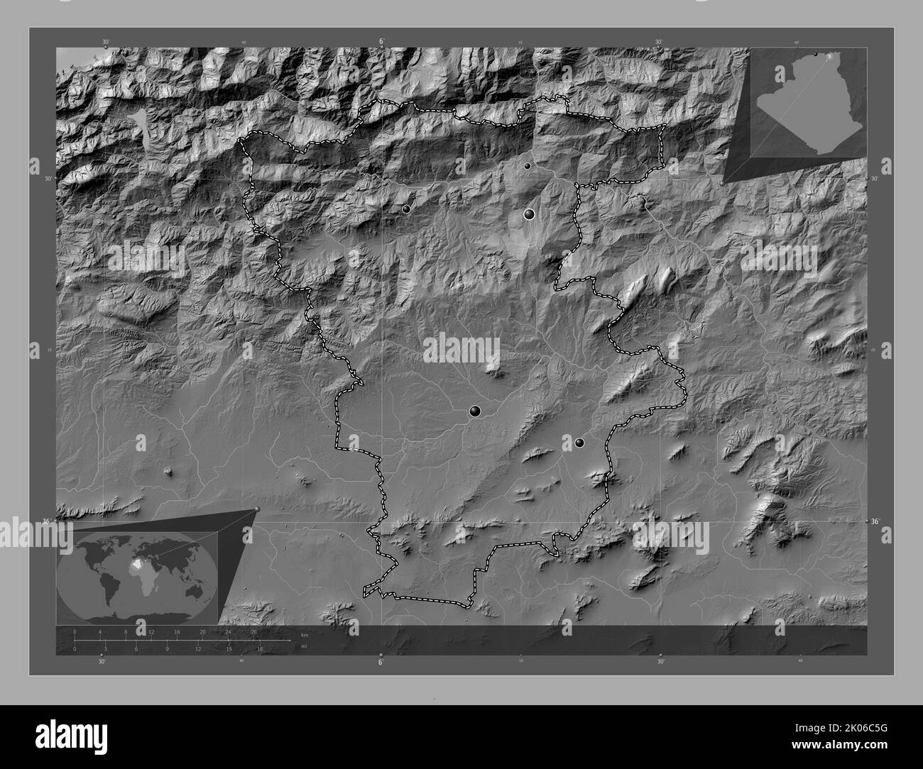 Mila, province of Algeria. Bilevel elevation map with lakes and rivers ... Mila, province of Algeria. Bilevel elevation map with lakes and rivers ...