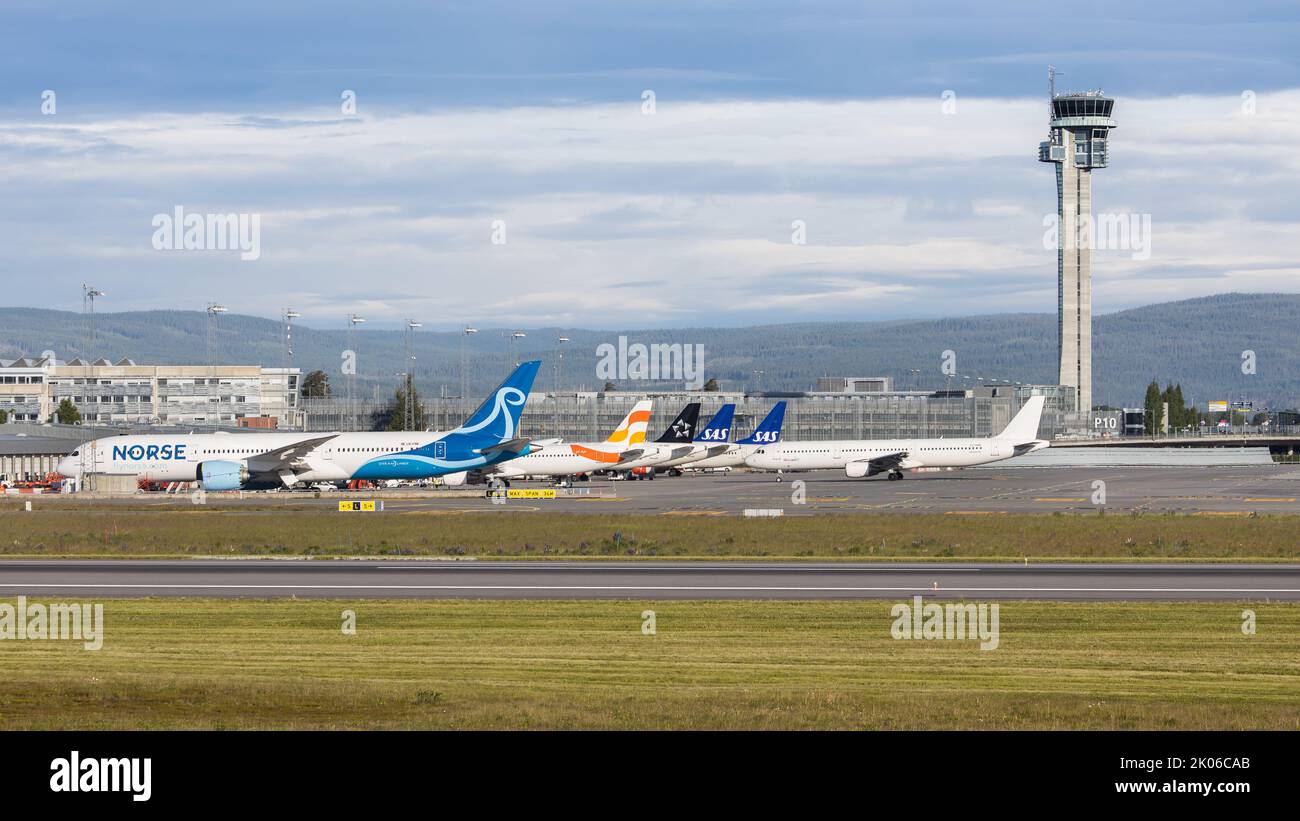 Airport tower and terminal at Oslo Airport Gardermoen in Norway Stock ...