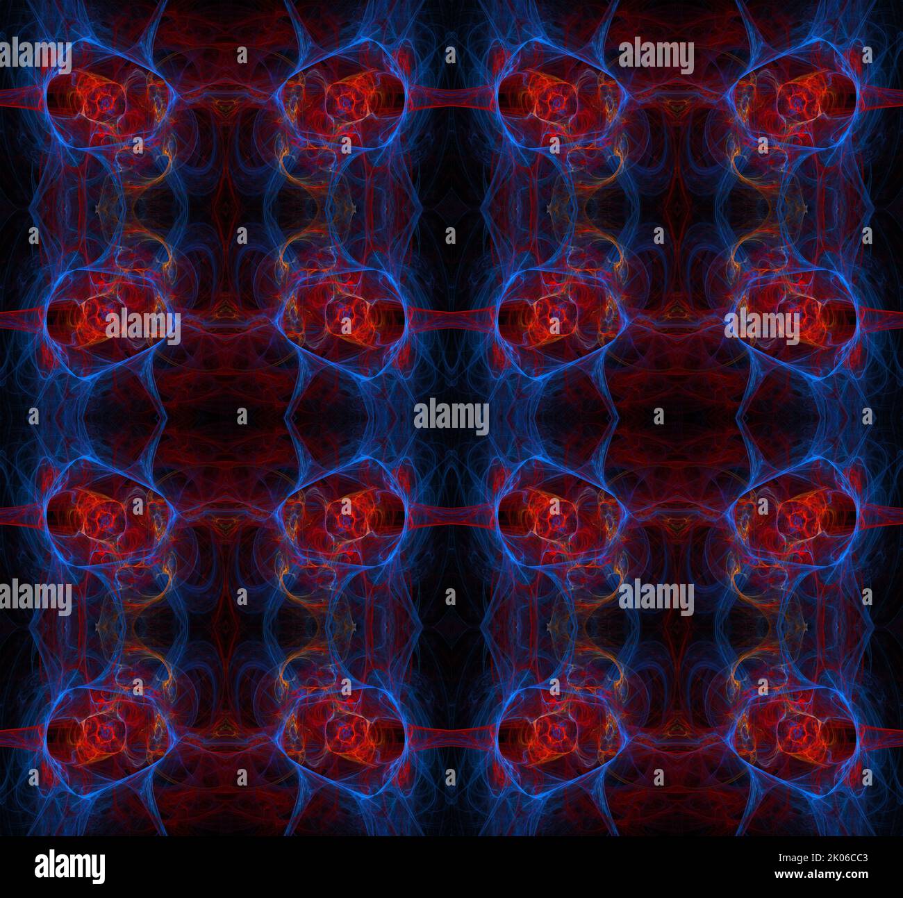 Red and blue threads arranged in circles around the center. Black ...