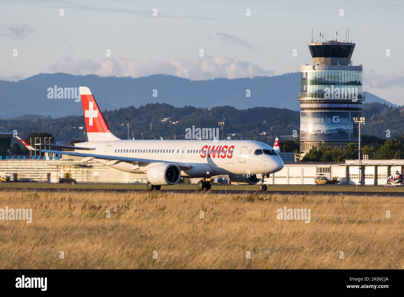 Austrian Embraer 195 departing airport Graz with the air traffic ...