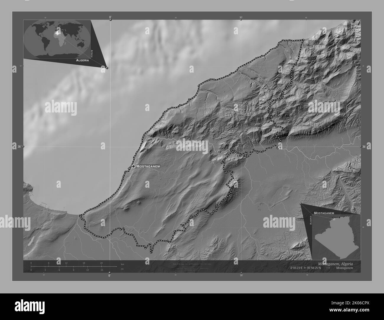 Mostaganem, province of Algeria. Bilevel elevation map with lakes and ...