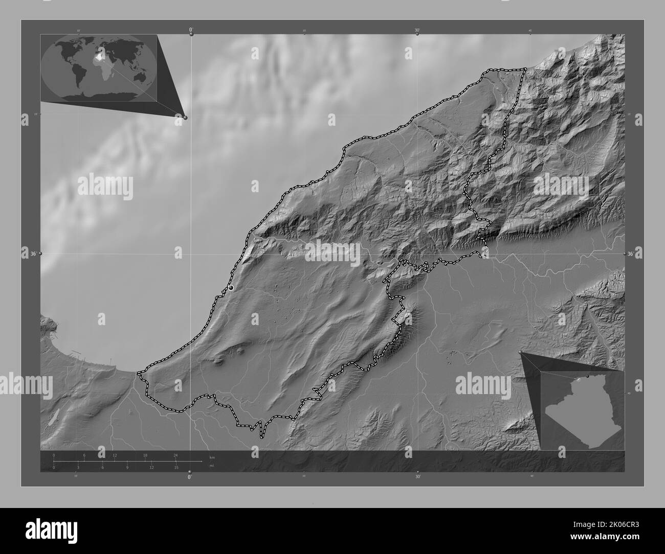 Mostaganem, province of Algeria. Bilevel elevation map with lakes and ...