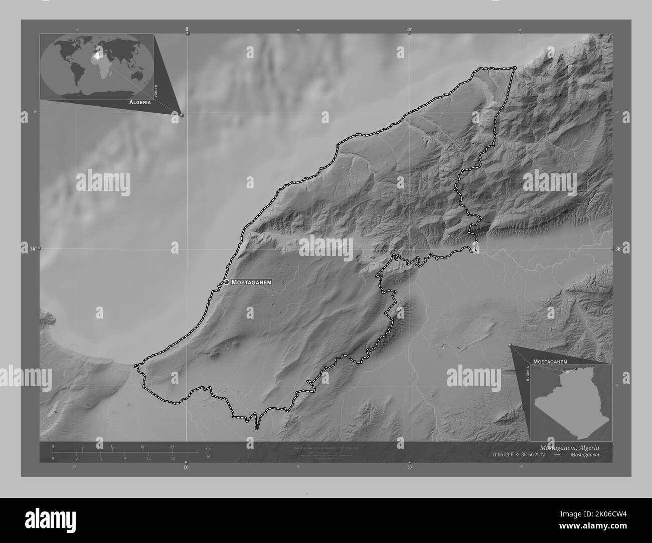 Mostaganem, province of Algeria. Grayscale elevation map with lakes and ...