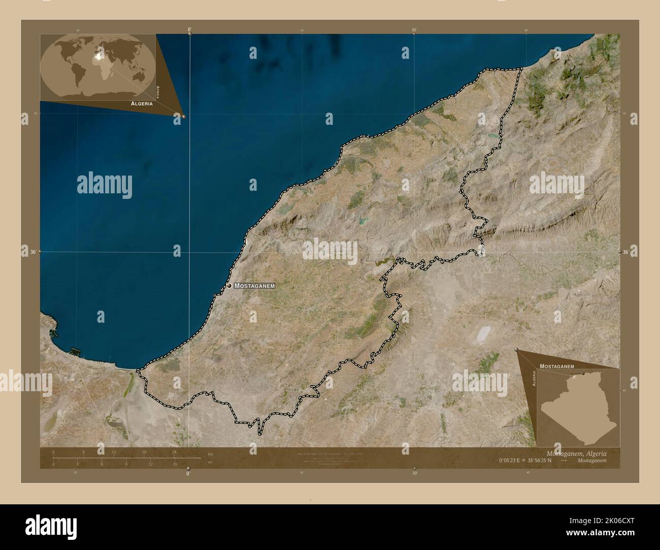 Mostaganem, province of Algeria. Low resolution satellite map ...
