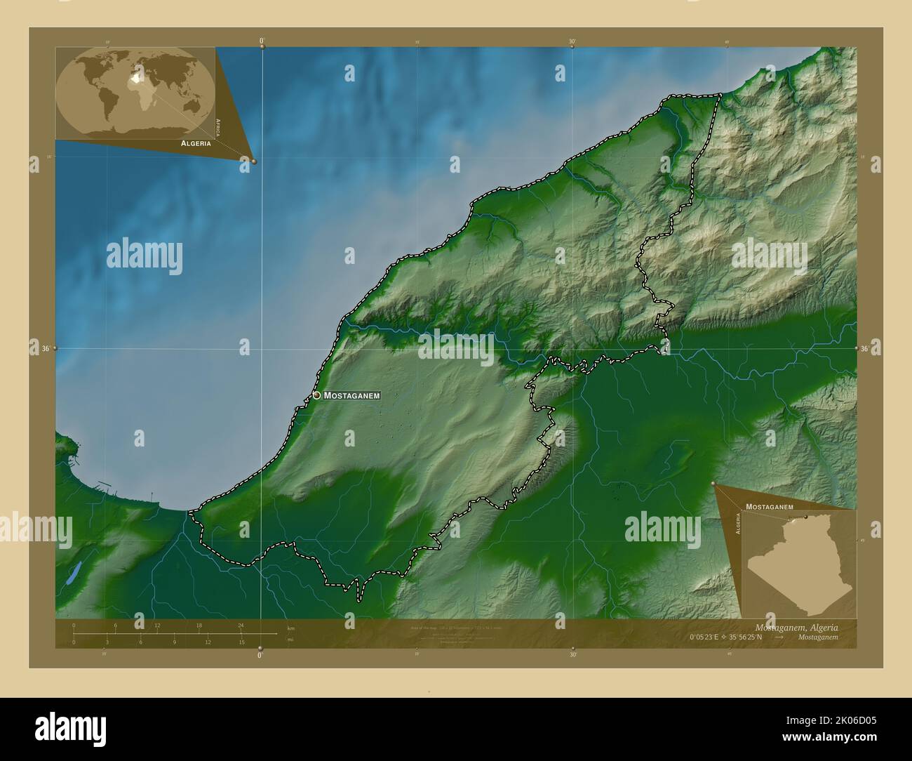 Mostaganem, province of Algeria. Colored elevation map with lakes and ...