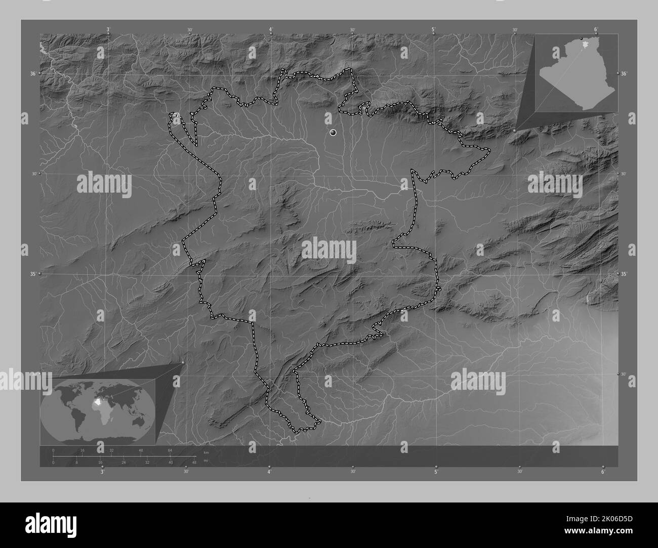 M'Sila, province of Algeria. Grayscale elevation map with lakes and ...