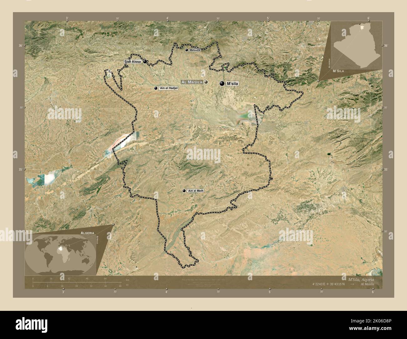 M'Sila, province of Algeria. High resolution satellite map. Locations ...