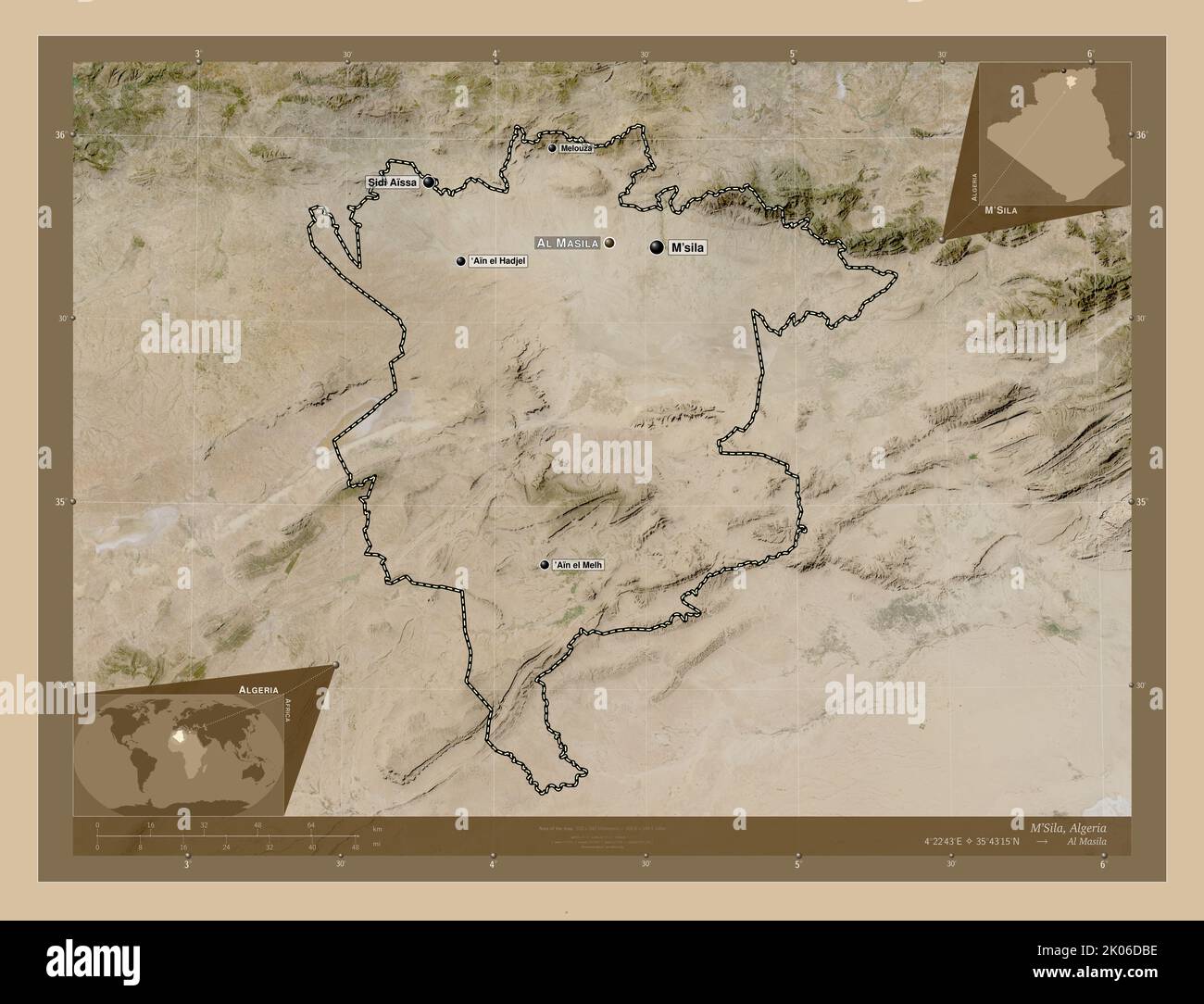 M'Sila, province of Algeria. Low resolution satellite map. Locations ...