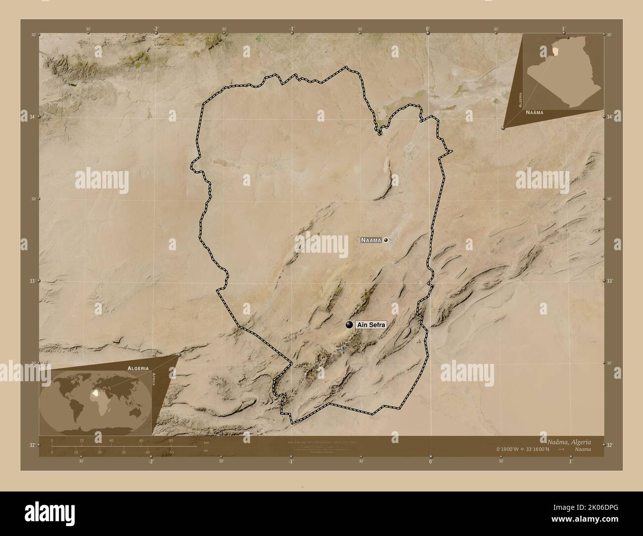 Naama, province of Algeria. Low resolution satellite map. Locations and ...