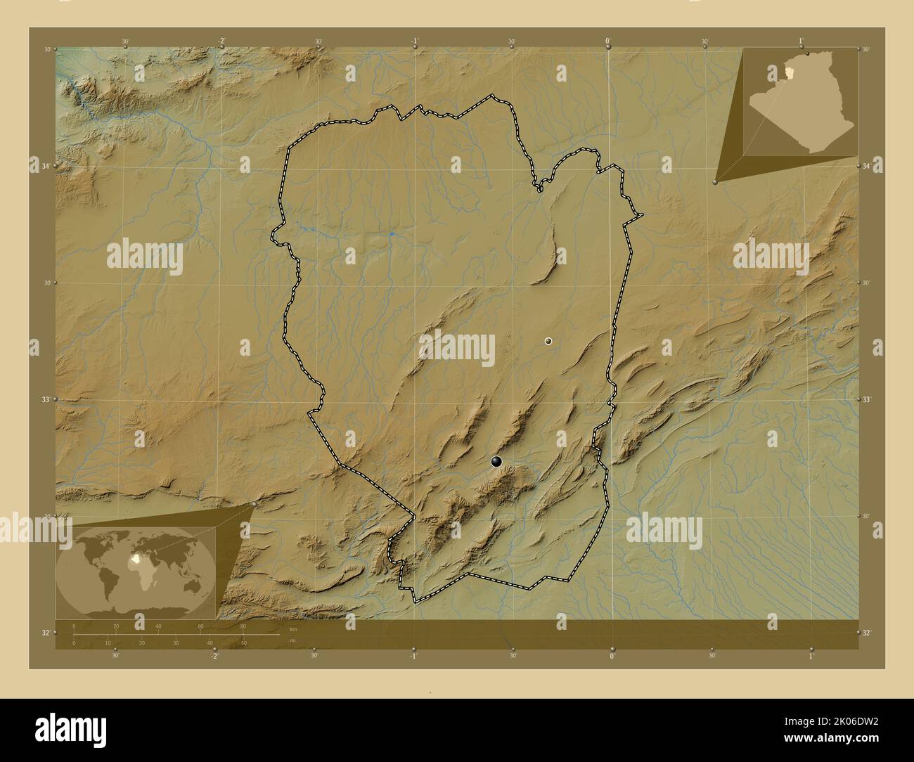 Naama, province of Algeria. Colored elevation map with lakes and rivers ...