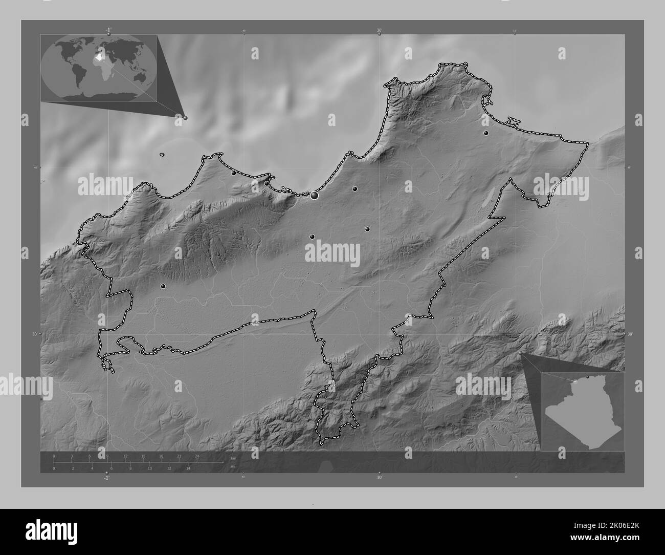Oran, province of Algeria. Grayscale elevation map with lakes and ...