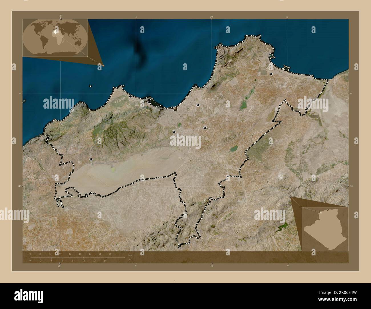 Oran, province of Algeria. Low resolution satellite map. Locations of ...