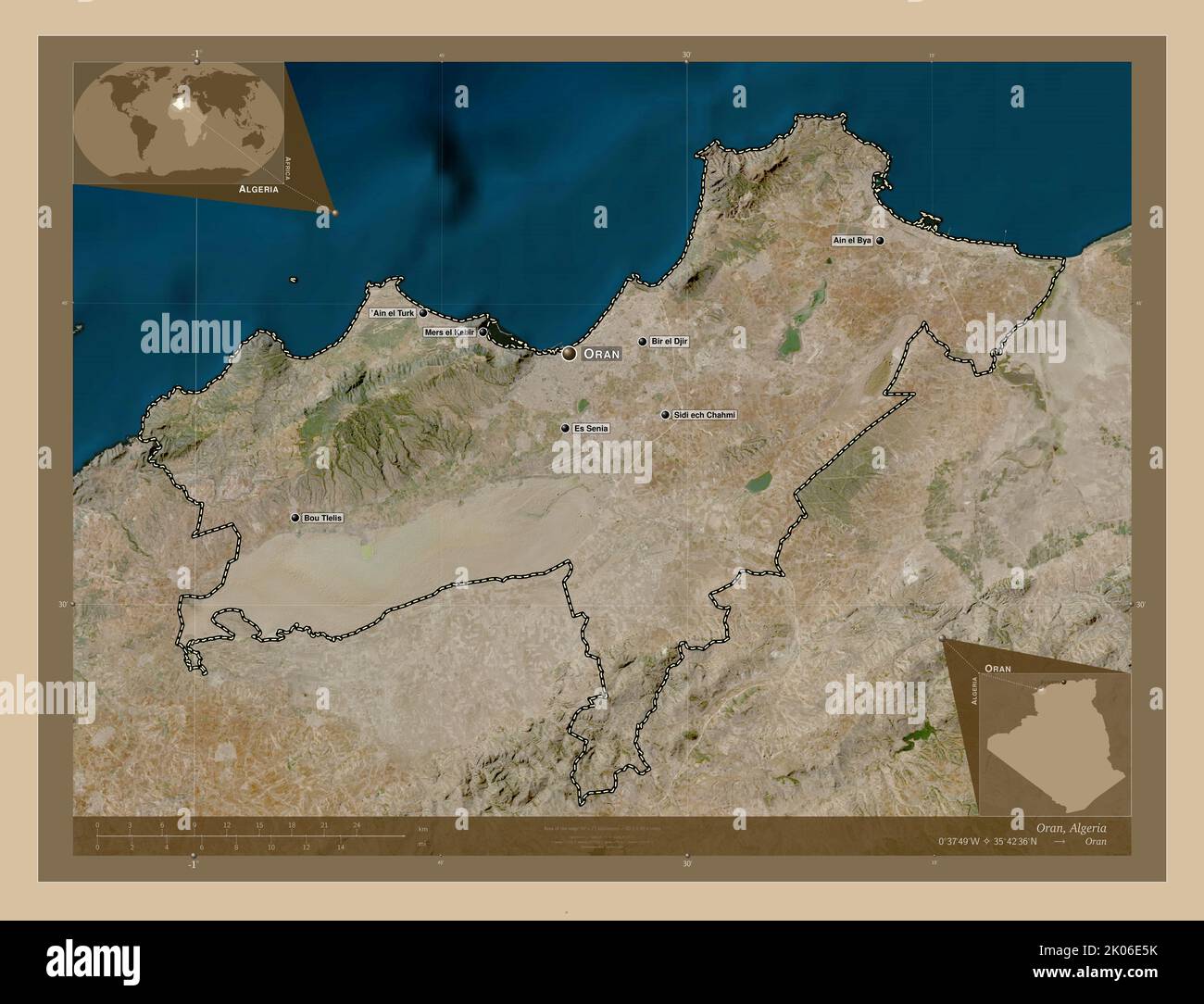 Oran, province of Algeria. Low resolution satellite map. Locations and ...