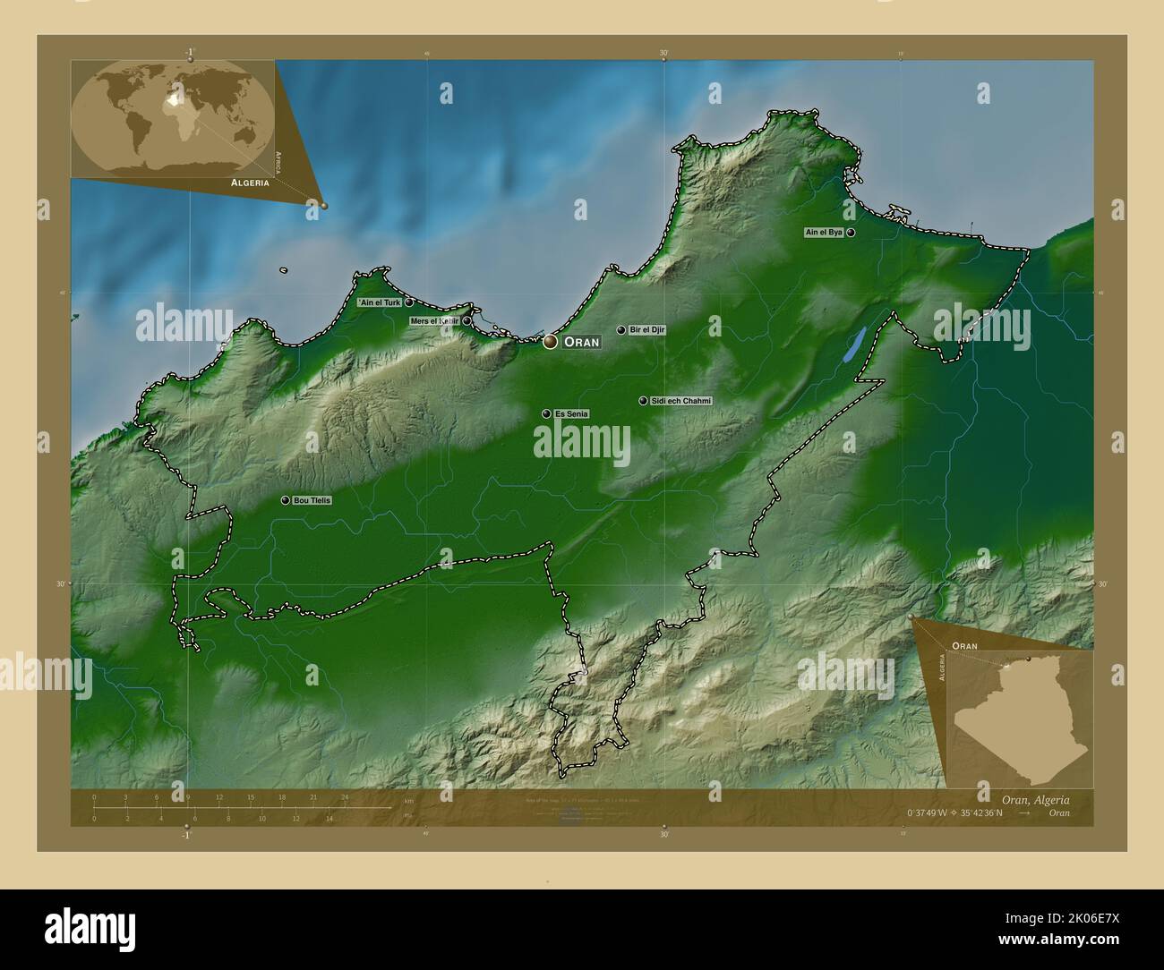 Oran, province of Algeria. Colored elevation map with lakes and rivers ...