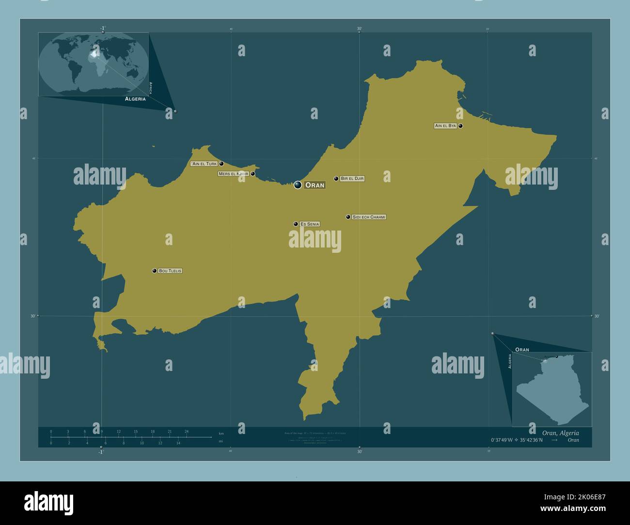 Oran, province of Algeria. Solid color shape. Locations and names of ...