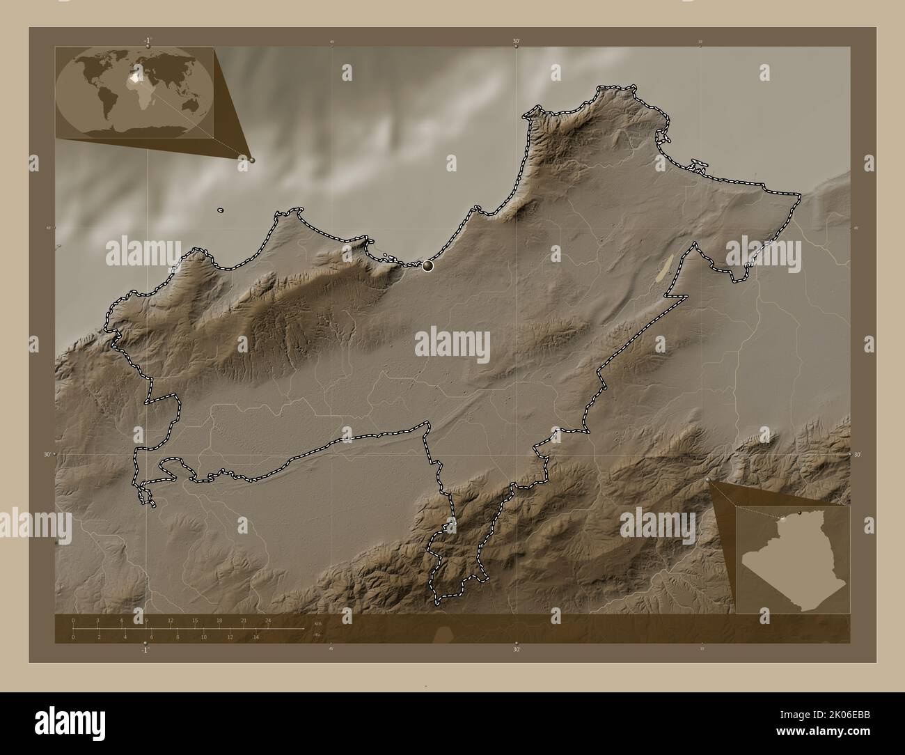 Oran, province of Algeria. Elevation map colored in sepia tones with ...