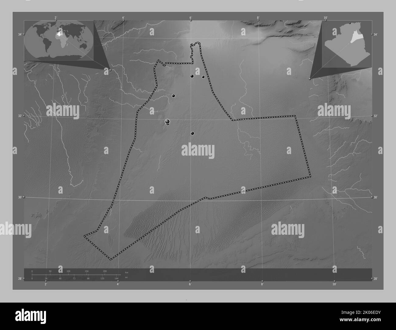 Ouargla, province of Algeria. Grayscale elevation map with lakes and ...