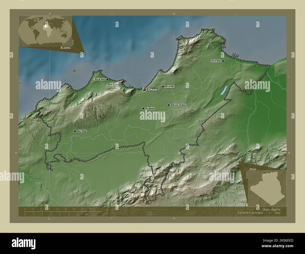 Oran, province of Algeria. Elevation map colored in wiki style with ...