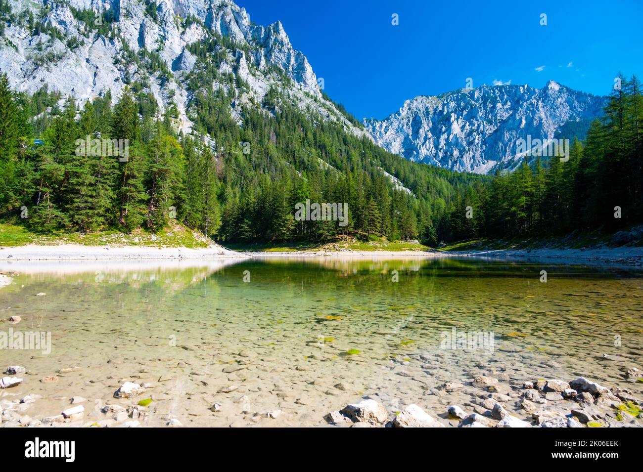 Gruner See, Austria Peaceful mountain view with famous green lake in ...