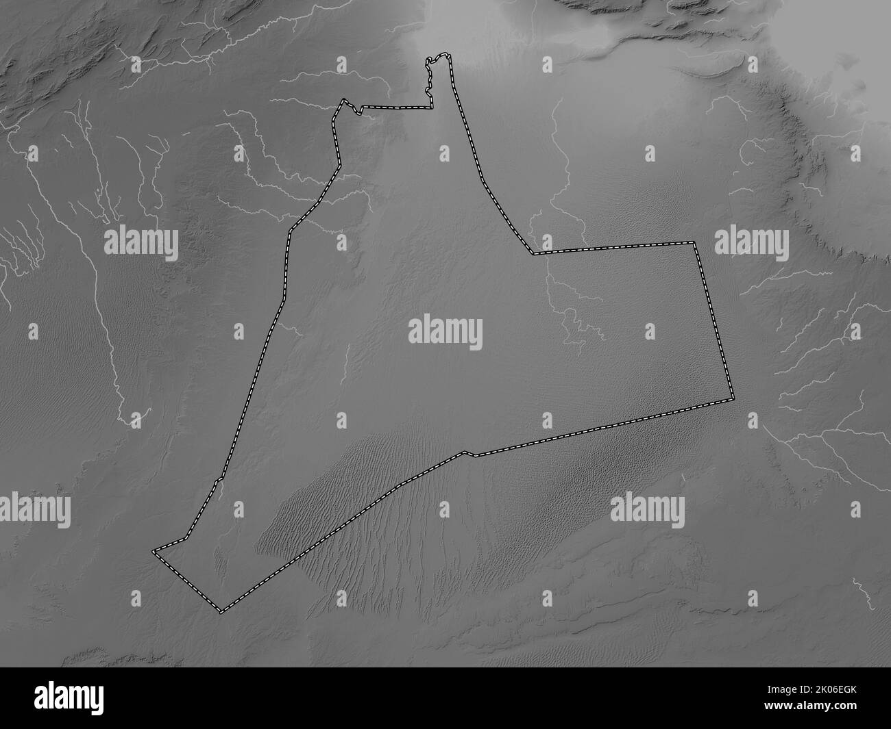 Ouargla, province of Algeria. Grayscale elevation map with lakes and ...