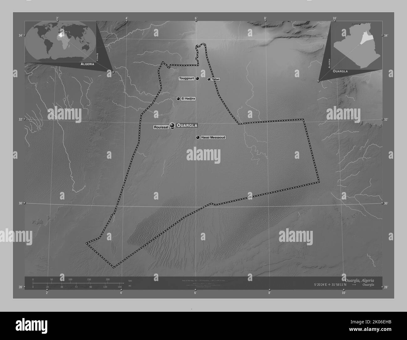 Ouargla, province of Algeria. Grayscale elevation map with lakes and ...