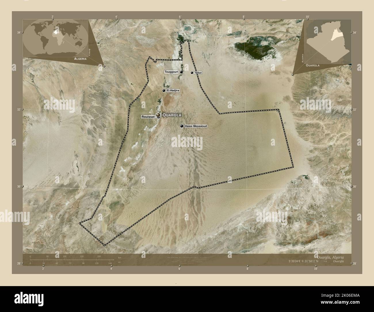 Ouargla, province of Algeria. High resolution satellite map. Locations ...