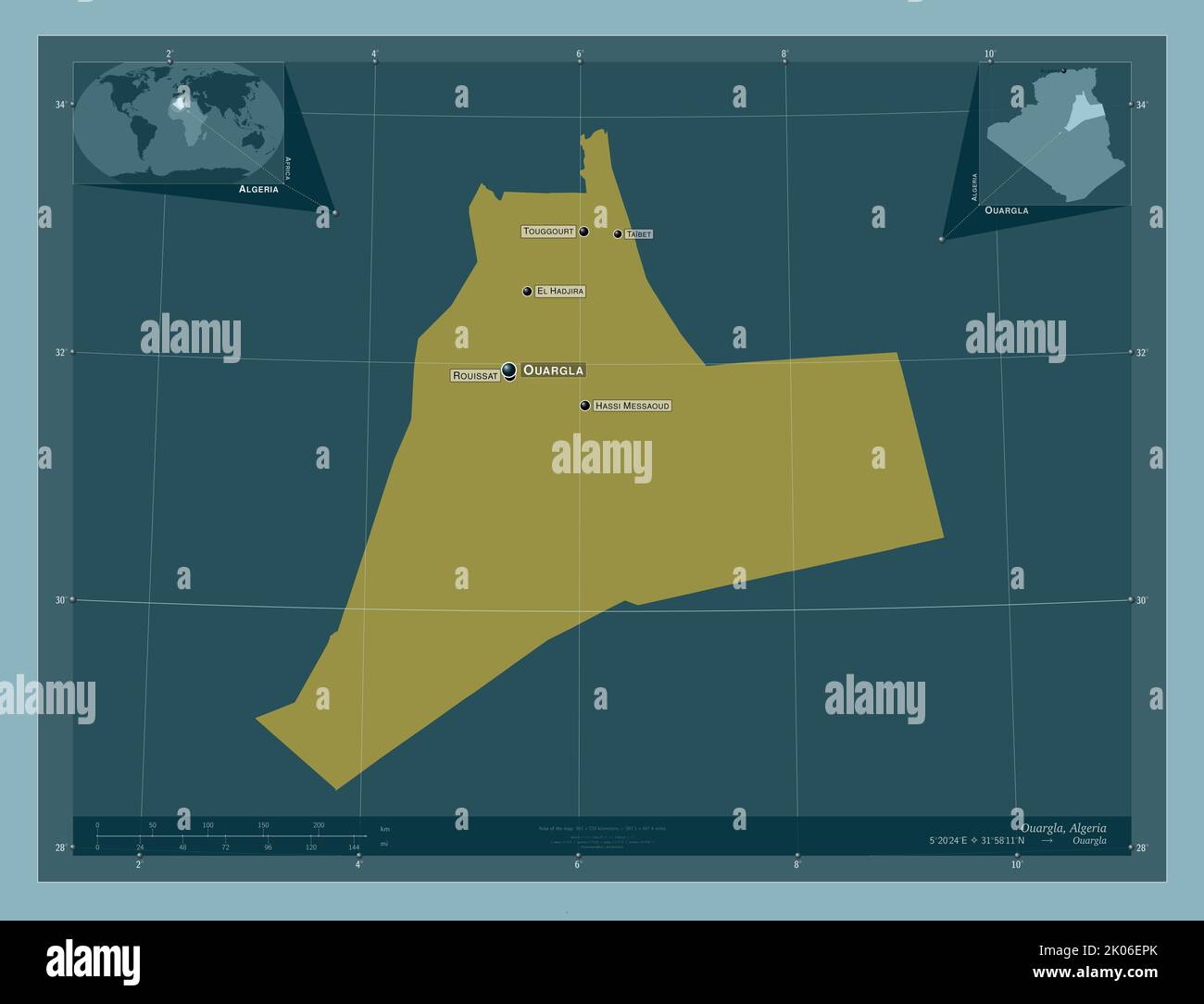 Ouargla, province of Algeria. Solid color shape. Locations and names of ...