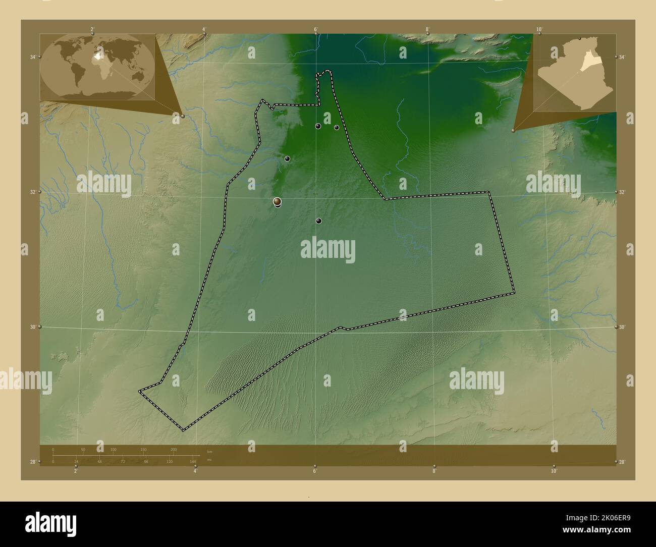 Ouargla, province of Algeria. Colored elevation map with lakes and ...