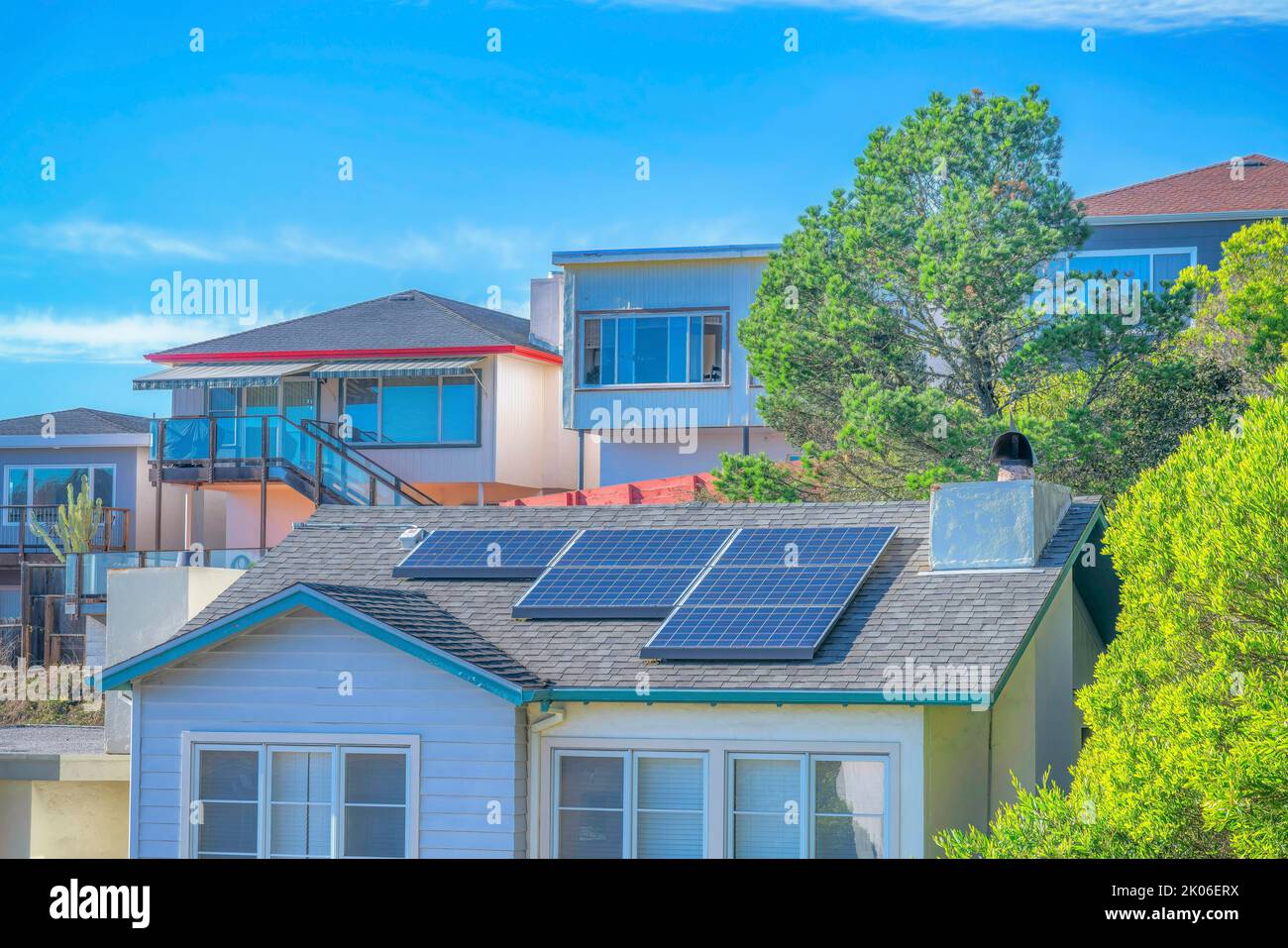 House with solar panels on roof at a neighborhood in San Francisco ...