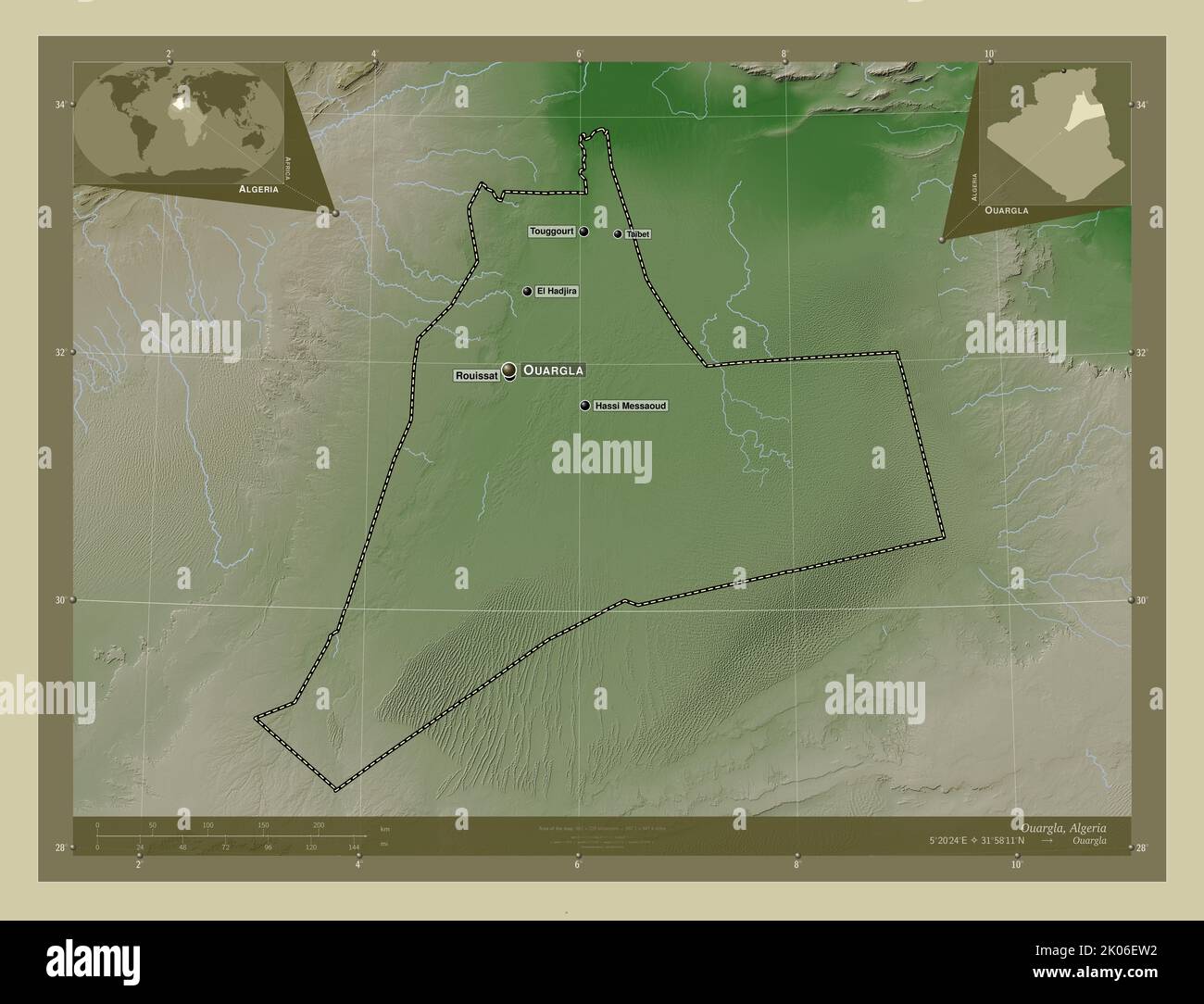 Ouargla, province of Algeria. Elevation map colored in wiki style with ...