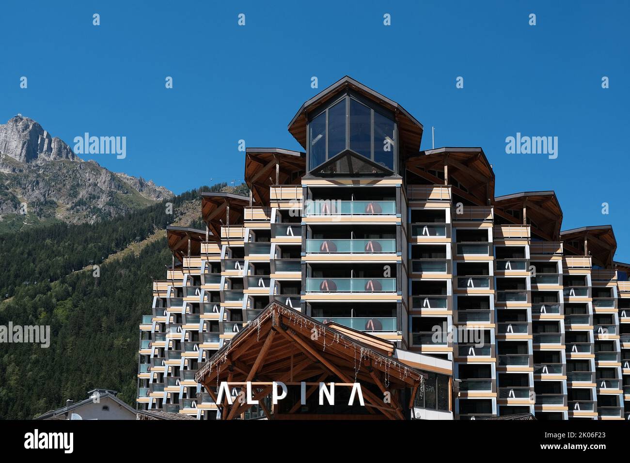 Chamonix, France - August 13, 2022. Buildings facade in the city centre ...