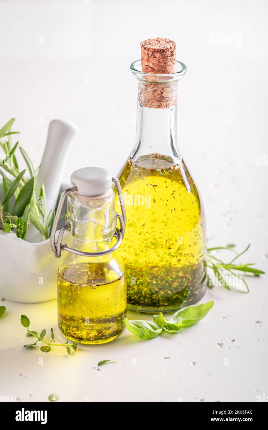 Delicious and healthy oil with virgin olive oil and herbs. Flavored oil ...