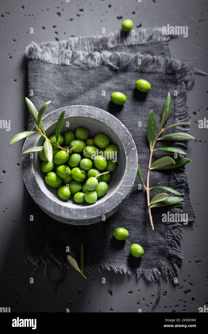Healthy and fresh raw olives harvested for preserves. Green olives ...